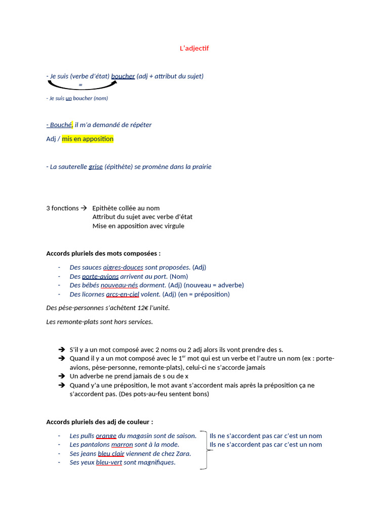 Fonctions et accords des adjectifs | PDF | Adjectif | Unités sémantiques