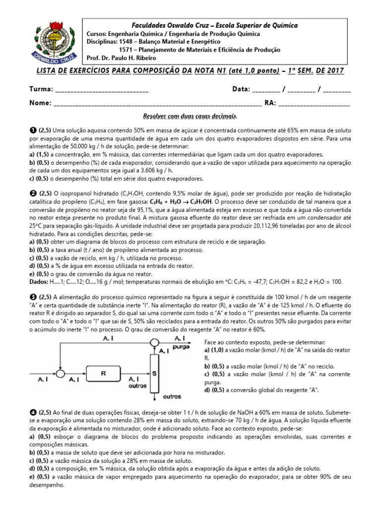 Lista de Exercícios Bme 1° Sem 2017 Sem Gabarito | PDF | Química | Água