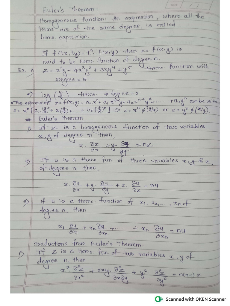 Euler's Theorem - Partial Diff Eq Lec4 Notes by PD | PDF