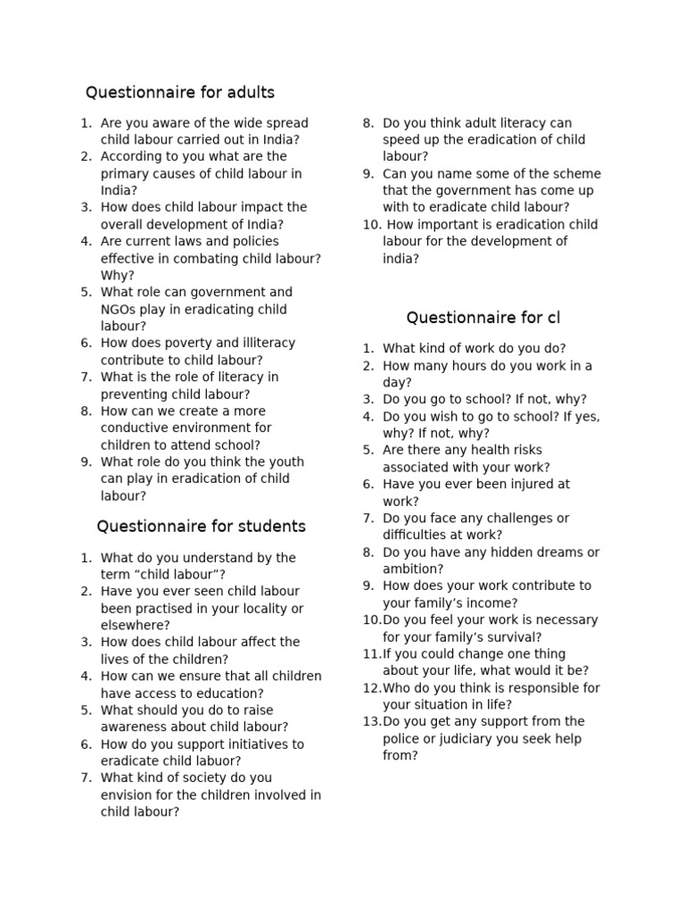 Questionnaire For English Project 2024-25 | PDF | Child Labour | Literacy