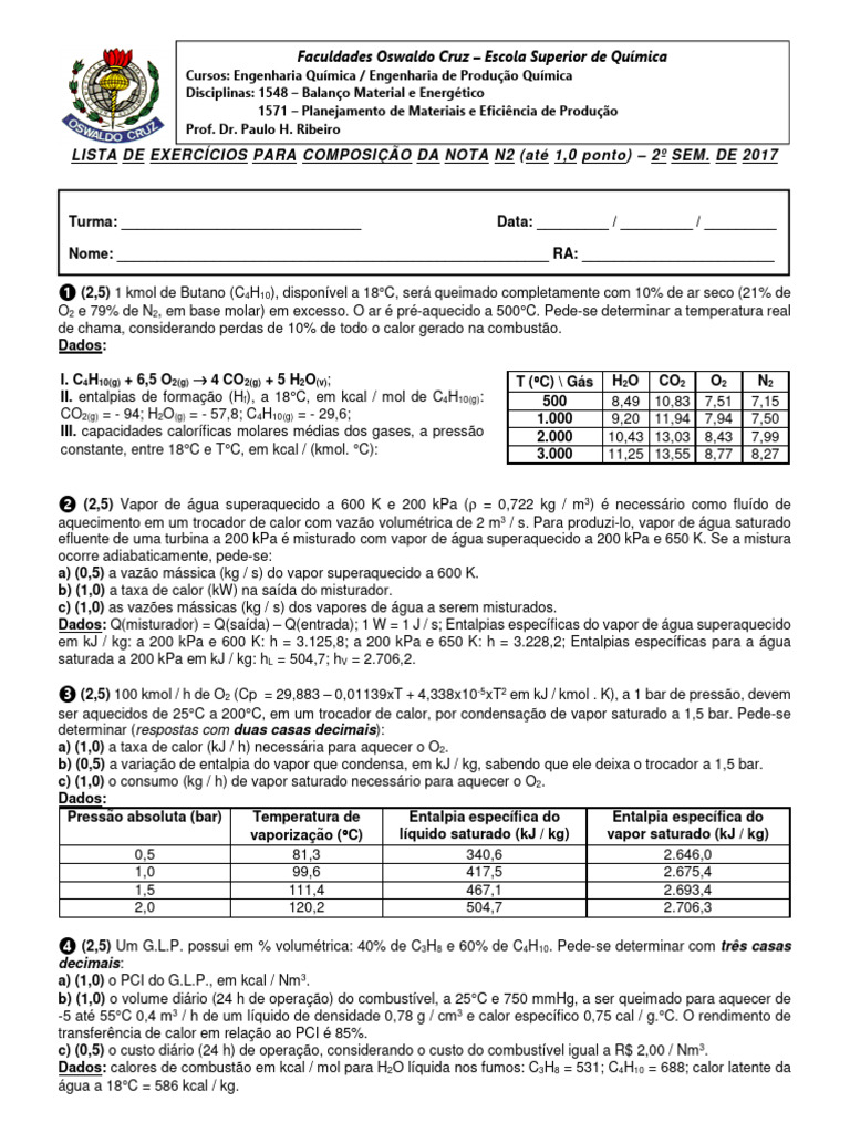 Lista de Exercícios Bme 2° Sem 2017 Sem Gabarito | PDF | Entalpia | Vapor