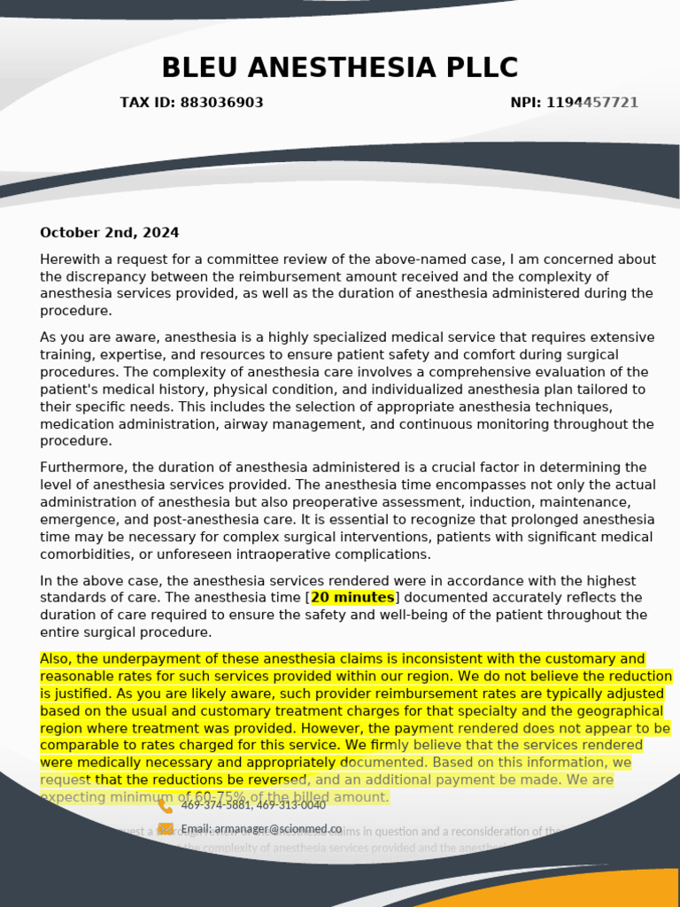 BA Underpayment Appeal Letter - NSA MNRP | PDF | Anesthesia | Surgery