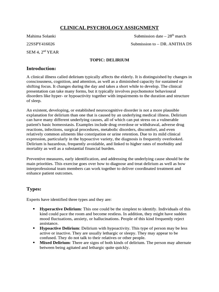 CLINICAL PSYCHOLOGY ASSIGNMENT | PDF | Dementia | Health Care