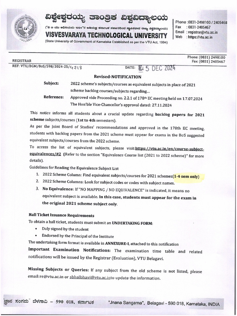 Revised Notification From VTU | PDF