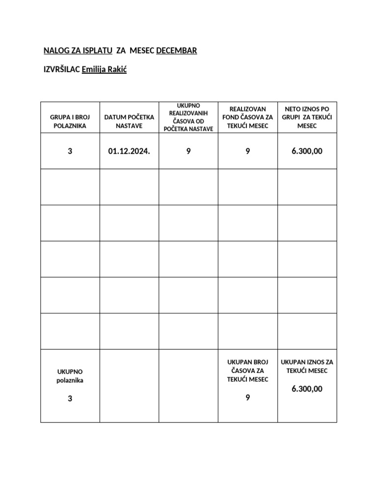 Nalog Za Isplatu Decembar | PDF