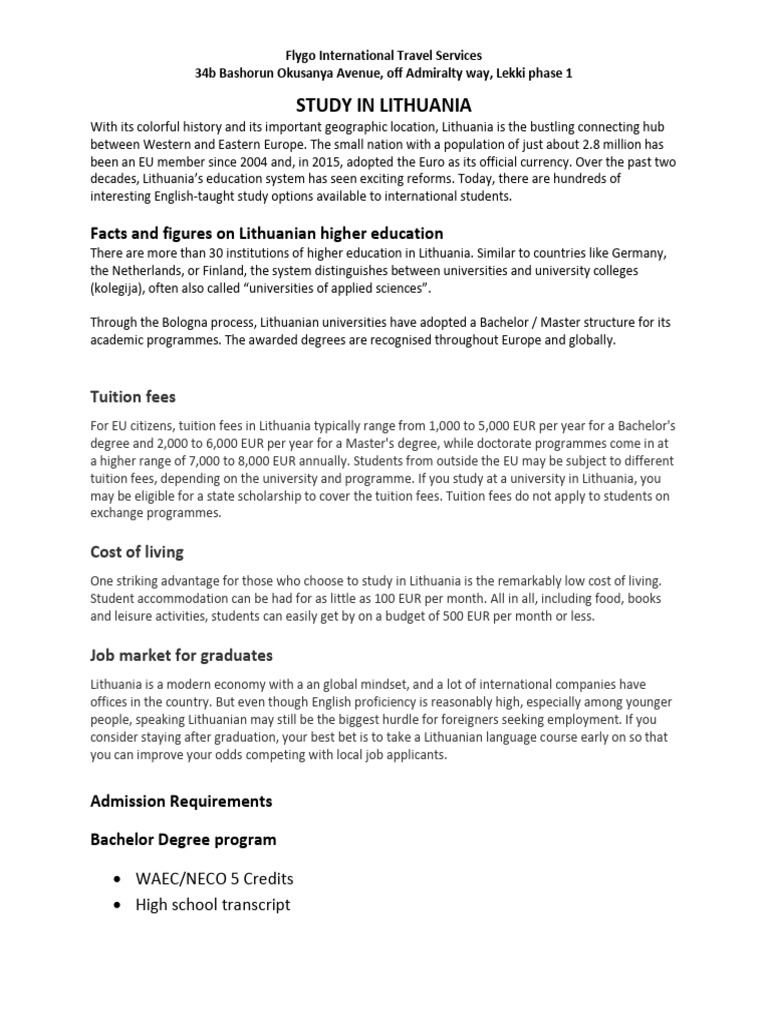 Study In Lithuania Pdf Cost Of Living Euro