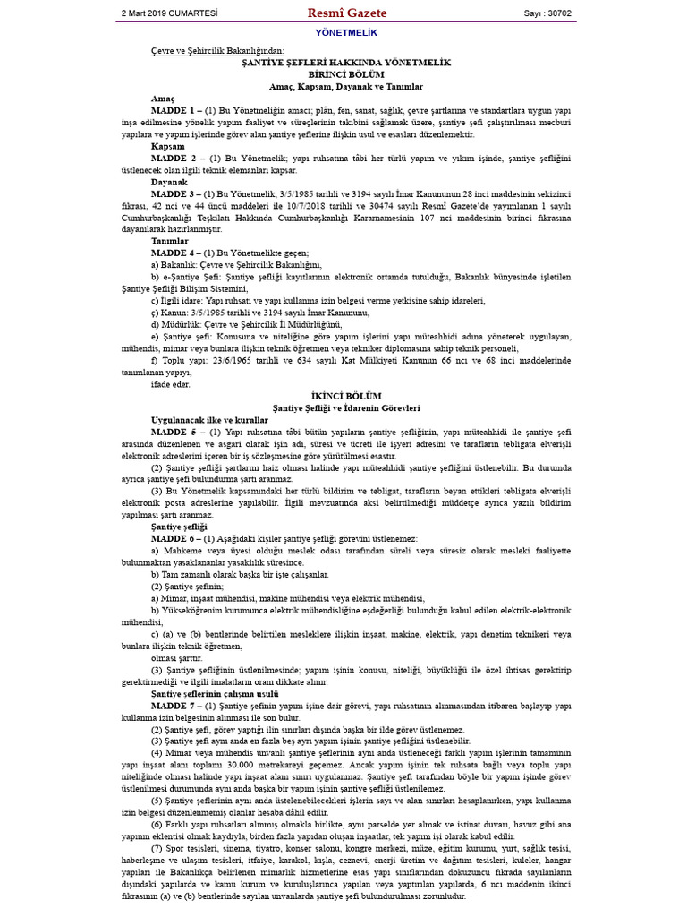 Şanti̇ye Şefleri̇ Hakkinda Yönetmeli̇k | PDF