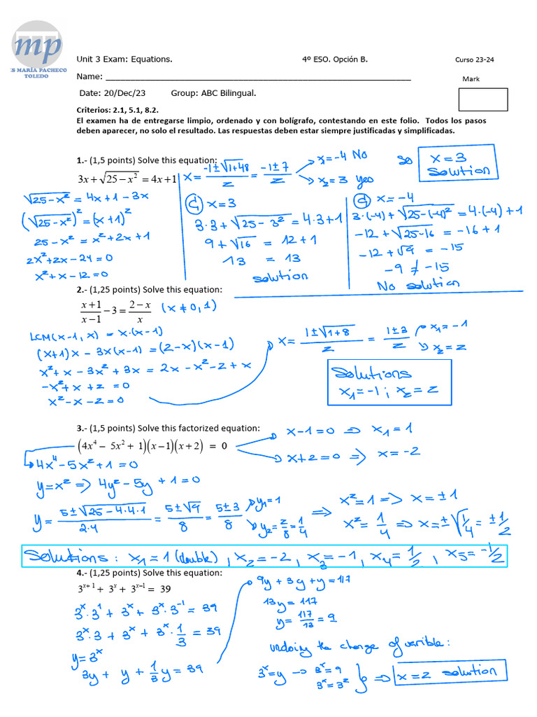 Unit 3 Exam: Equations for 4º ESO | PDF | Elementary Geometry ...