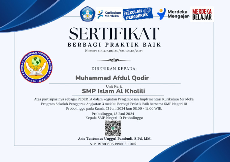 E-Sertifikat Berbagi Praktik Baik Pengimbasan IKM Sekolah Penggerak a-3 SMPN 10 Muhammad Afdul ...