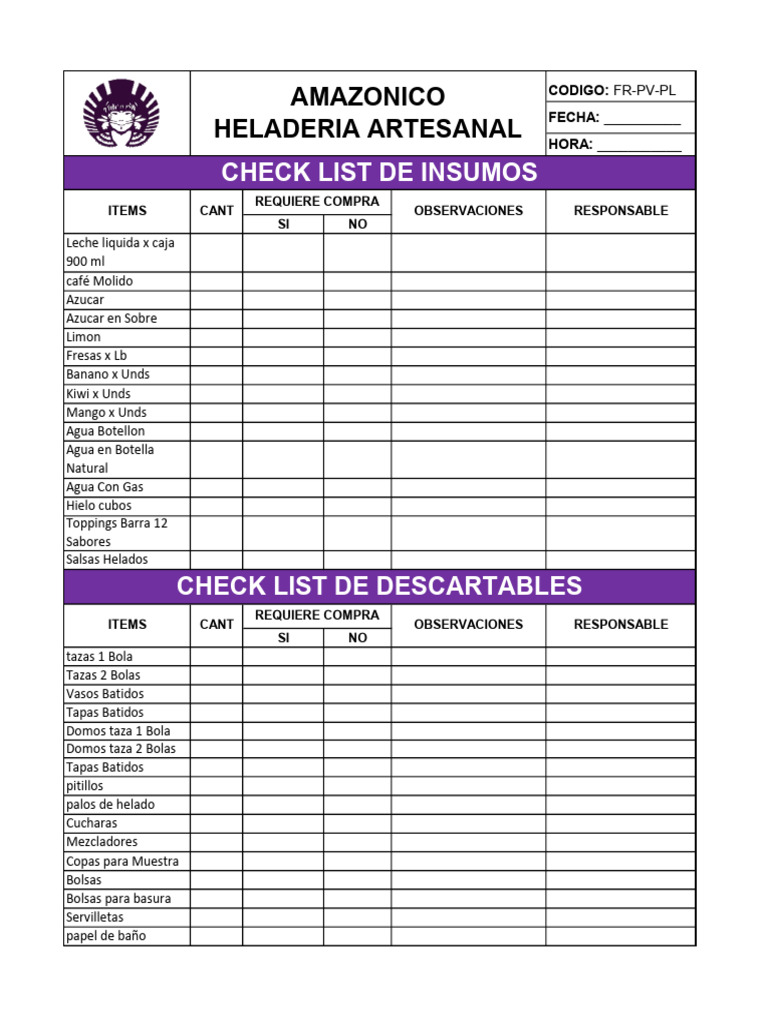 Check List Diario Insumos y Descartables | PDF
