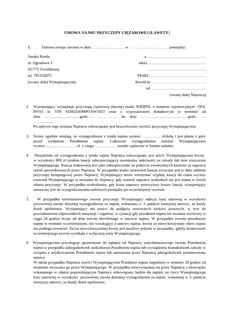 Umowa Wynajmu Przyczepy | PDF