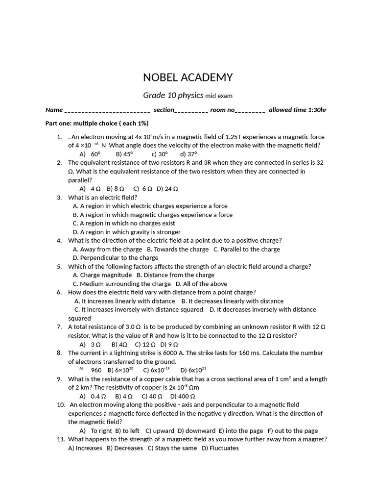 Grade 10 Physics Mid Exam Questions | PDF | Electrical Resistance And ...