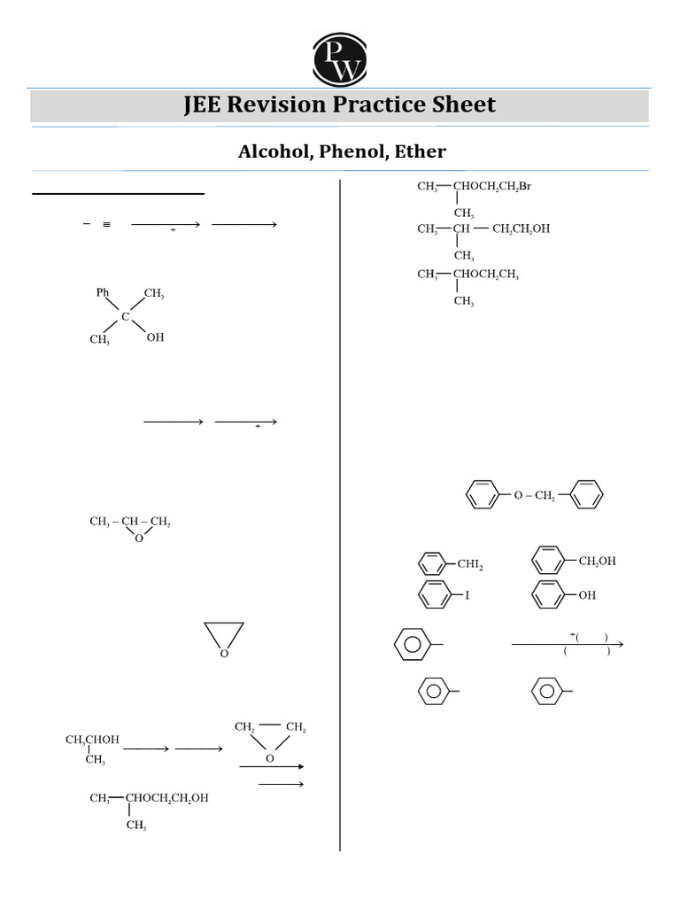 JEE Alcohol, Phenol, Ether Practice Sheet | PDF | Ether | Chemical Reactions