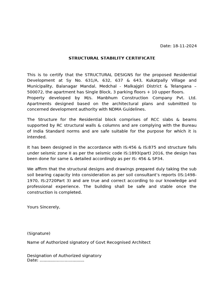 Structural Stability Certificate for Residential Building | PDF