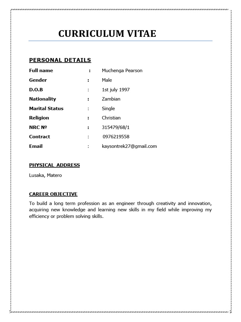 Muchenga Pearson Updated CV | PDF | Engineering