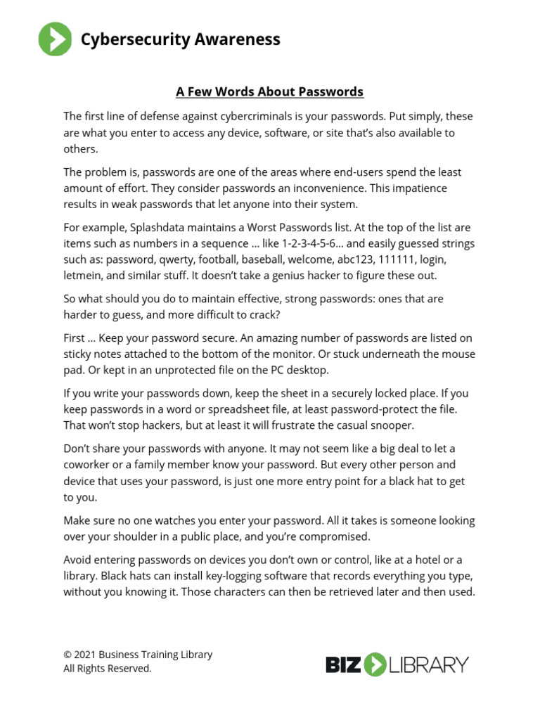 Cyber Security Awareness - Lesson 2 | PDF | Password | Computer Security