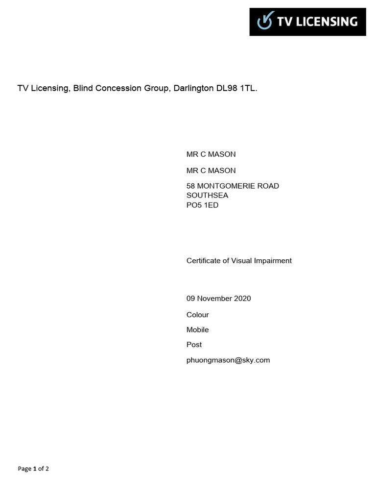 Blind TV Licence Application Form | PDF