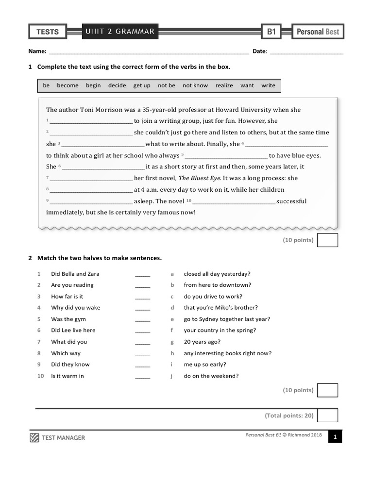 Personal_Best_B1_AmE_Unit_2_Grammar_test | PDF | Linguistics | Grammar