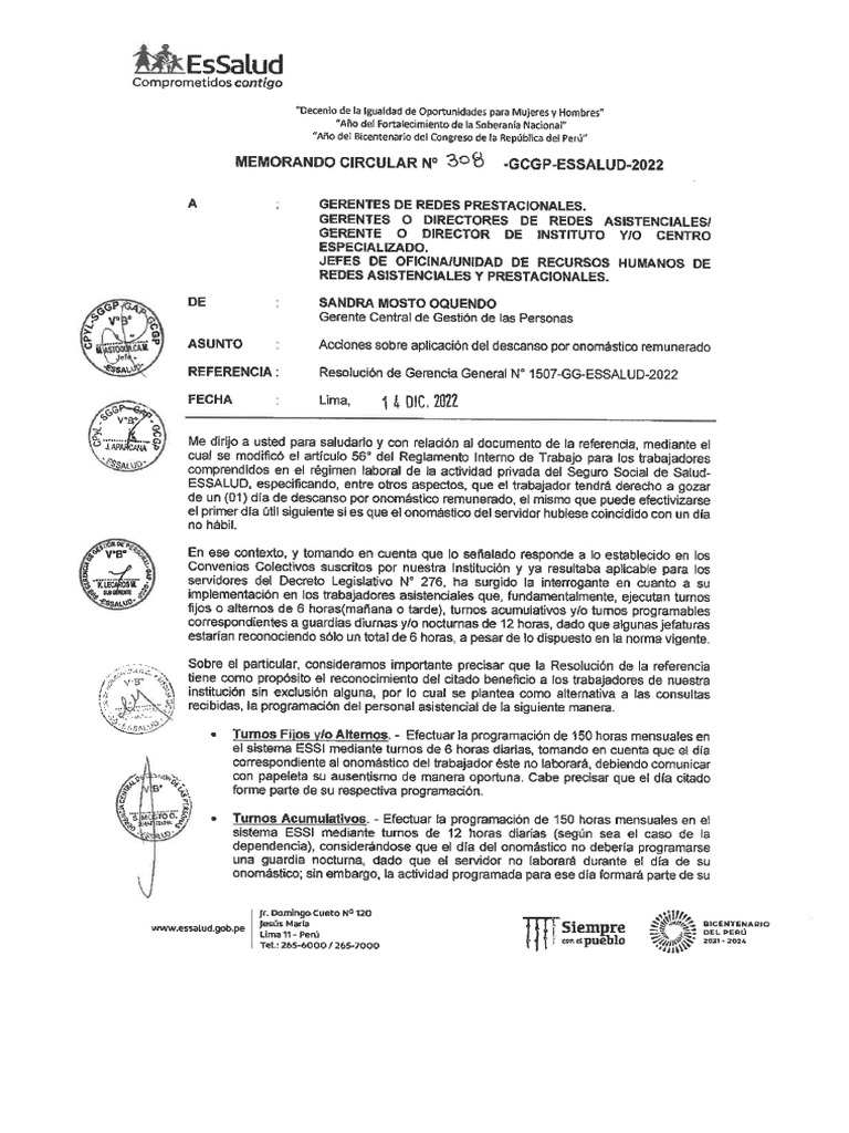 Memorando Circular No 308-Gcgp-Essalud 2022 - 230404 - 164931 | PDF
