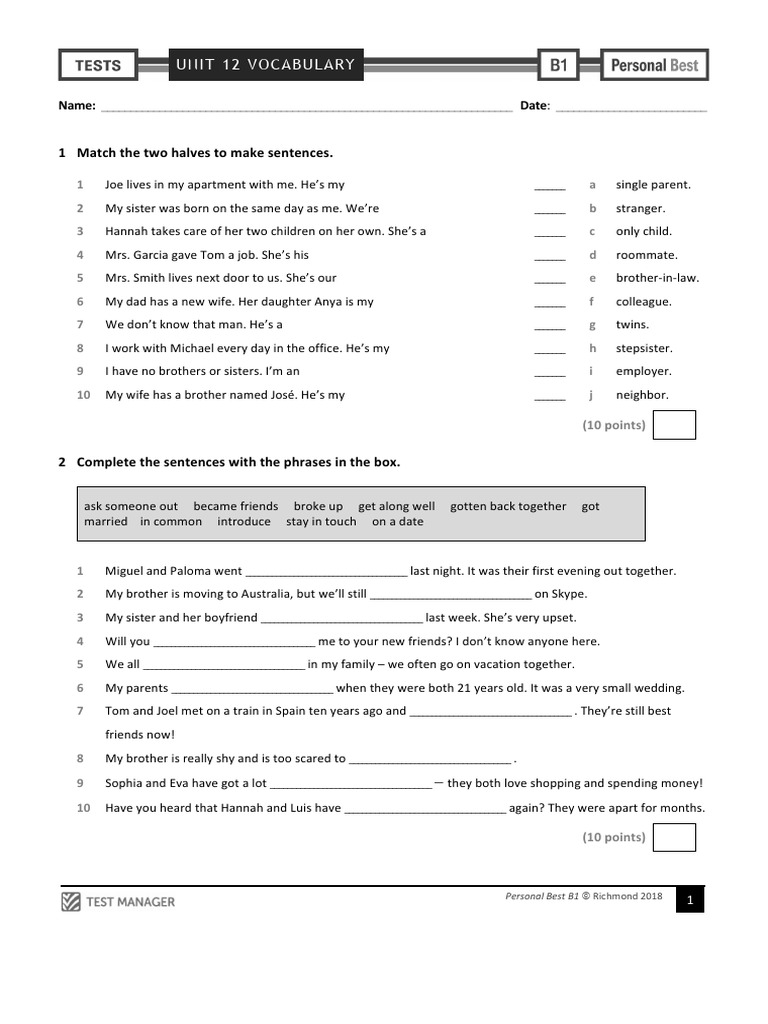 Personal Best B1 AmE Unit 12 Vocabulary Test | PDF