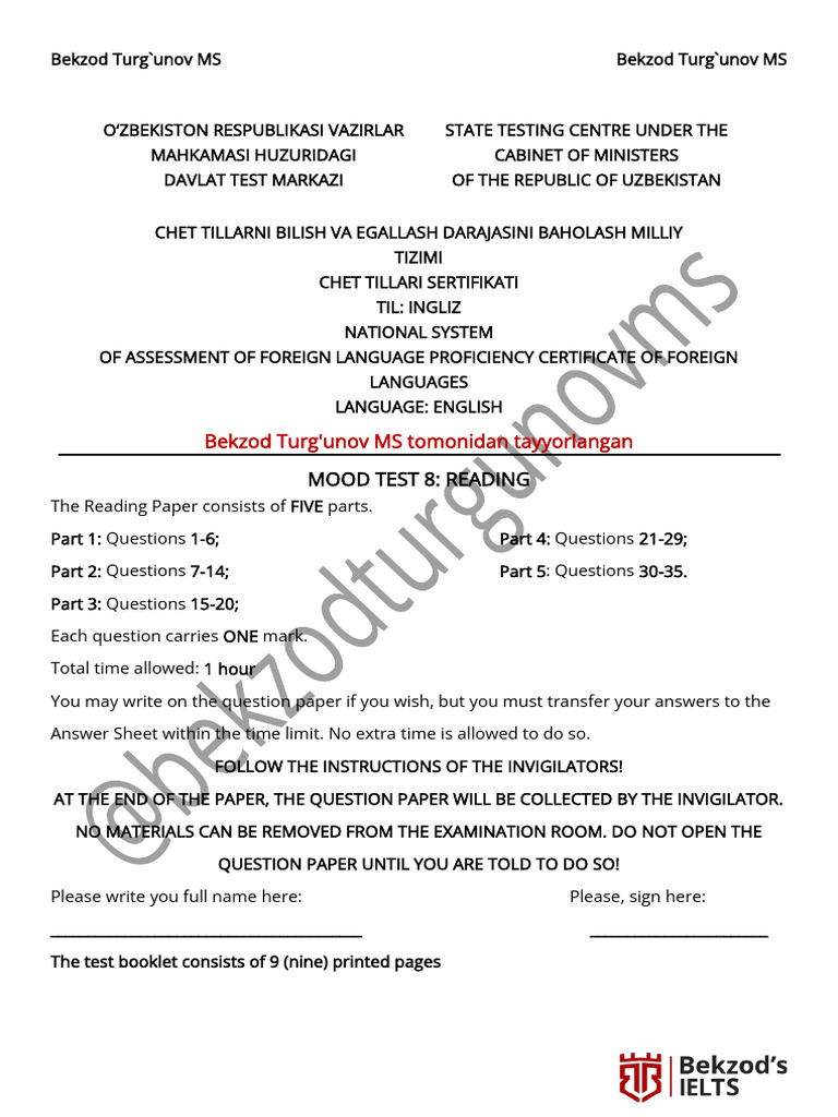 Multilevel Reading Mood Mock - Test 8 | PDF | Lake | Water