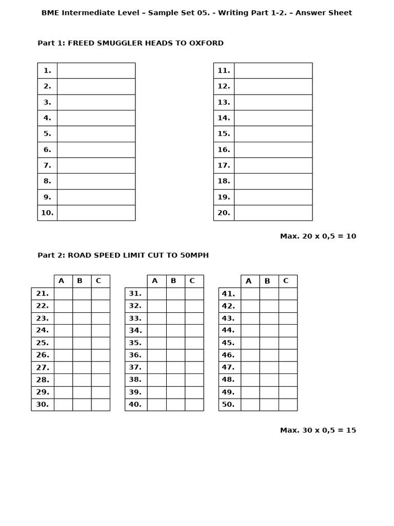 05 BME Intermediate Level - Writing Part 1-2. - Answer Sheet | PDF