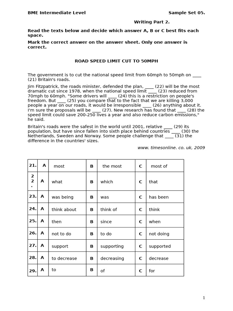 05 BME Intermediate Level - Writing Part 2.-1. - Road Speed Limit Cut to 50mph | PDF | Coffee