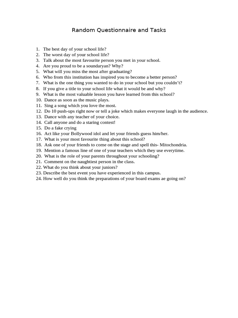 Random Questionnaire and Tasks | PDF