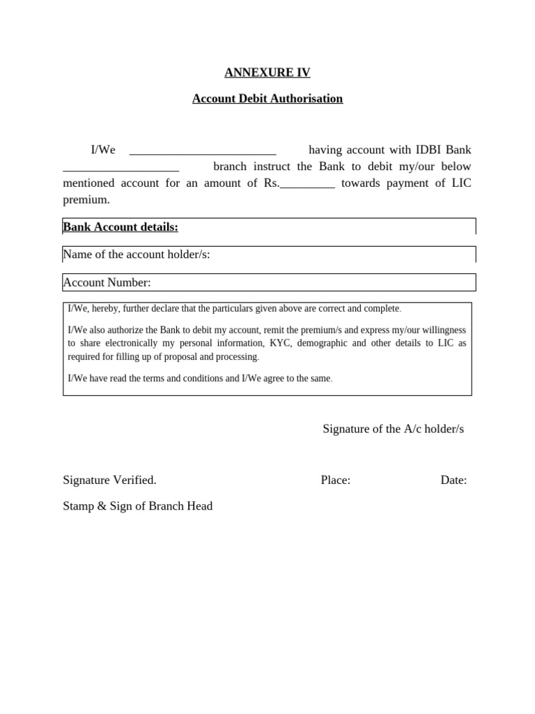 LIC Premium Debit Authorization Form | PDF