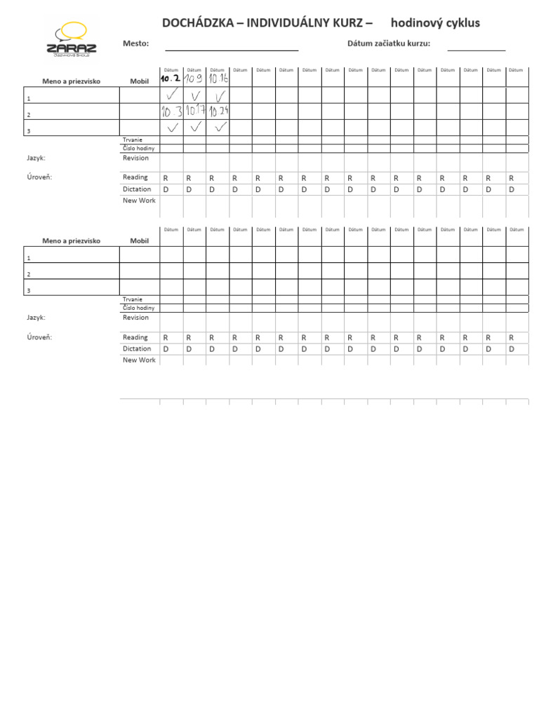 Dochádzka Individuálny Kurz 2020 | PDF