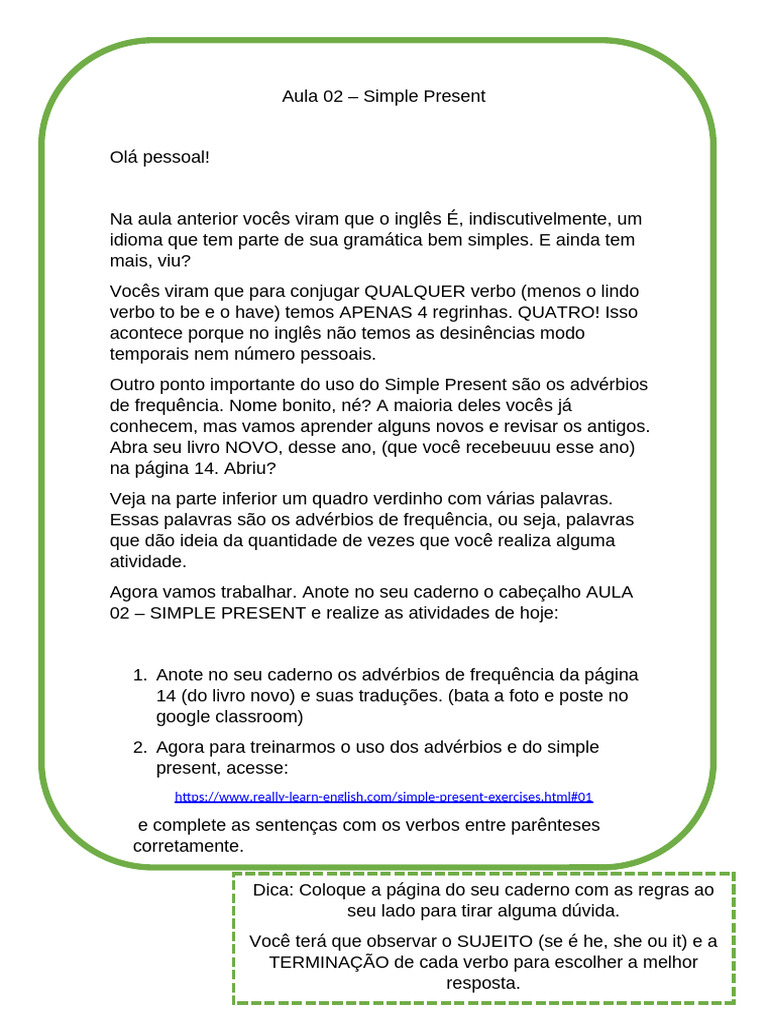 Aula 02: Advérbios no Simple Present | PDF | Assunto (gramática ...