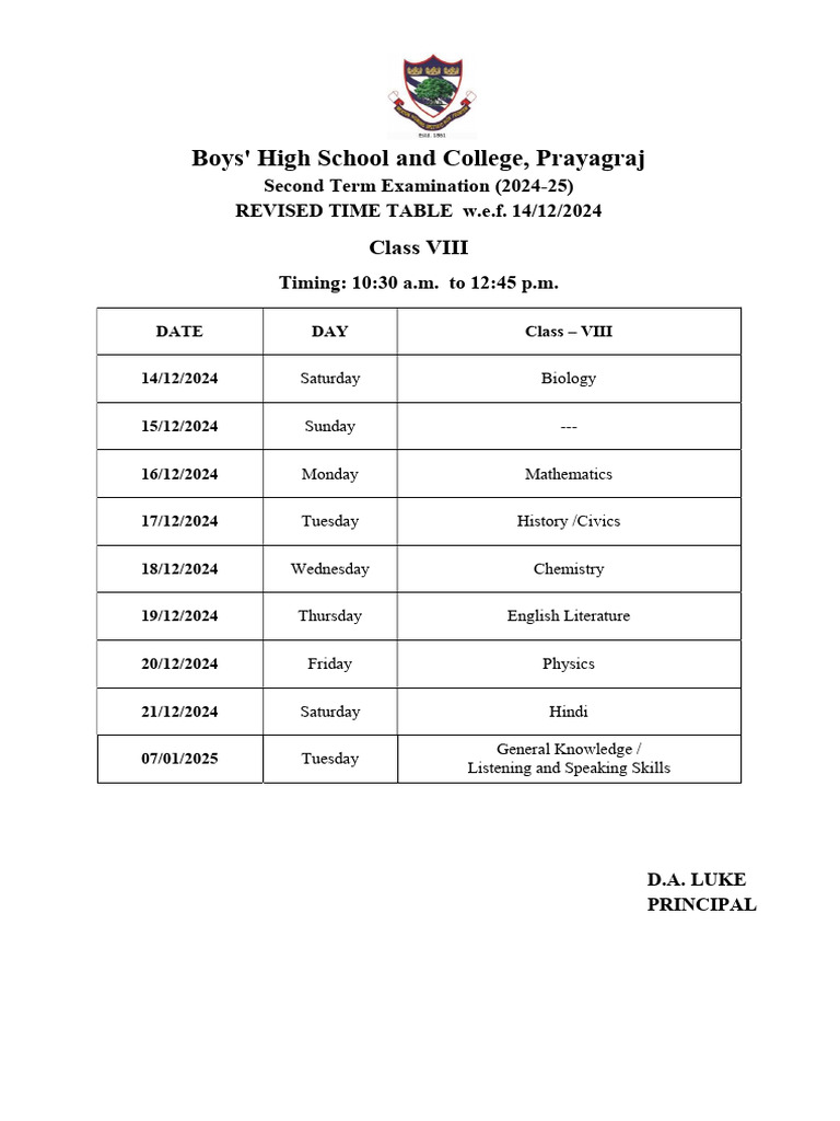 Revised Time Table Class Viii Pdf 3457