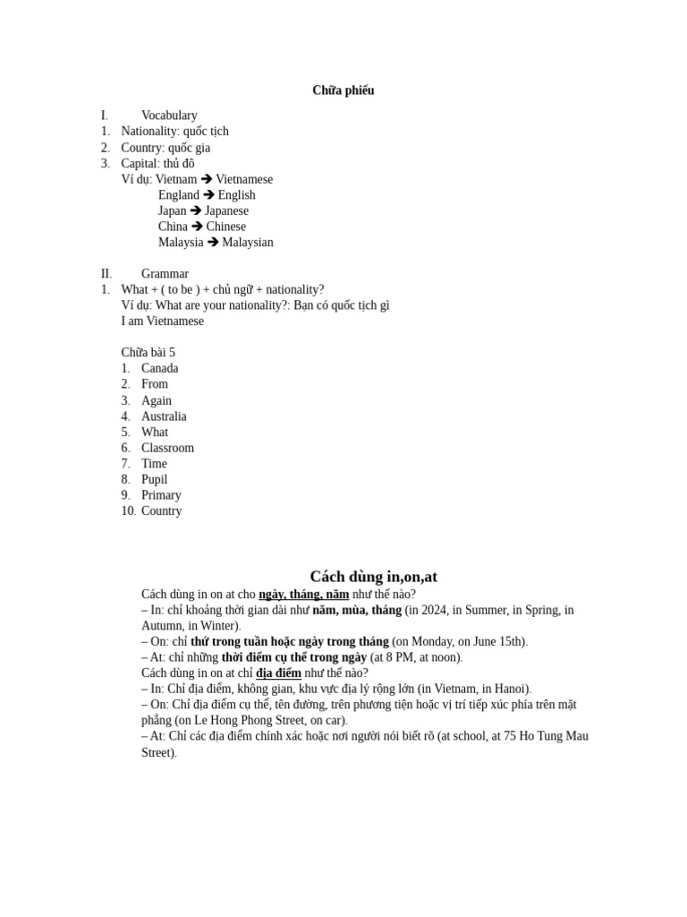 Cách Dùng In, At, On | PDF