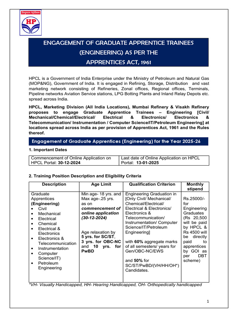 HPCL Graduate Apprentice Trainee 2025 | PDF | Apprenticeship