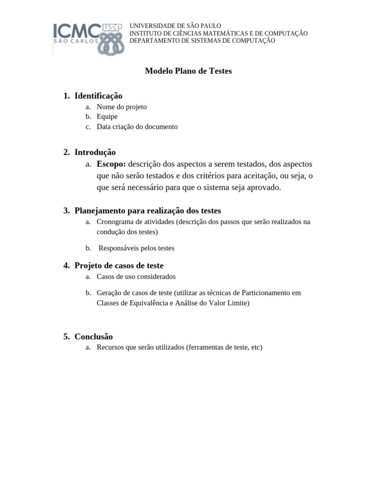Modelo de Plano de Testes | PDF