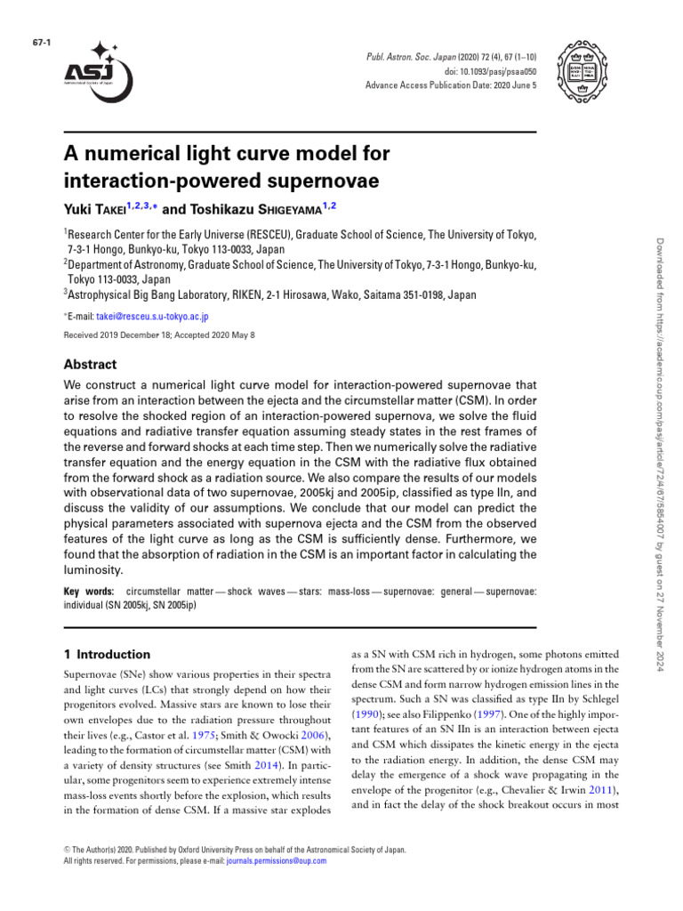 A Numerical Light Curve Model For Interaction Powered Supernovae | PDF | Supernova | Physics