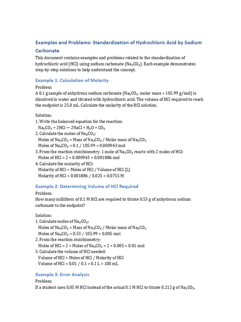 Calculations Standardization 1 | PDF | Hydrochloric Acid | Mole (Unit)