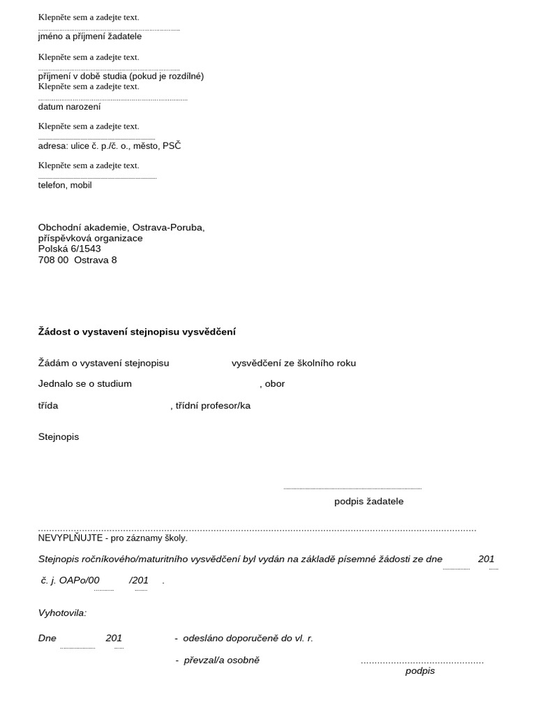 zadost-o-vystaveni-stejnopisu-vysvedceni | PDF