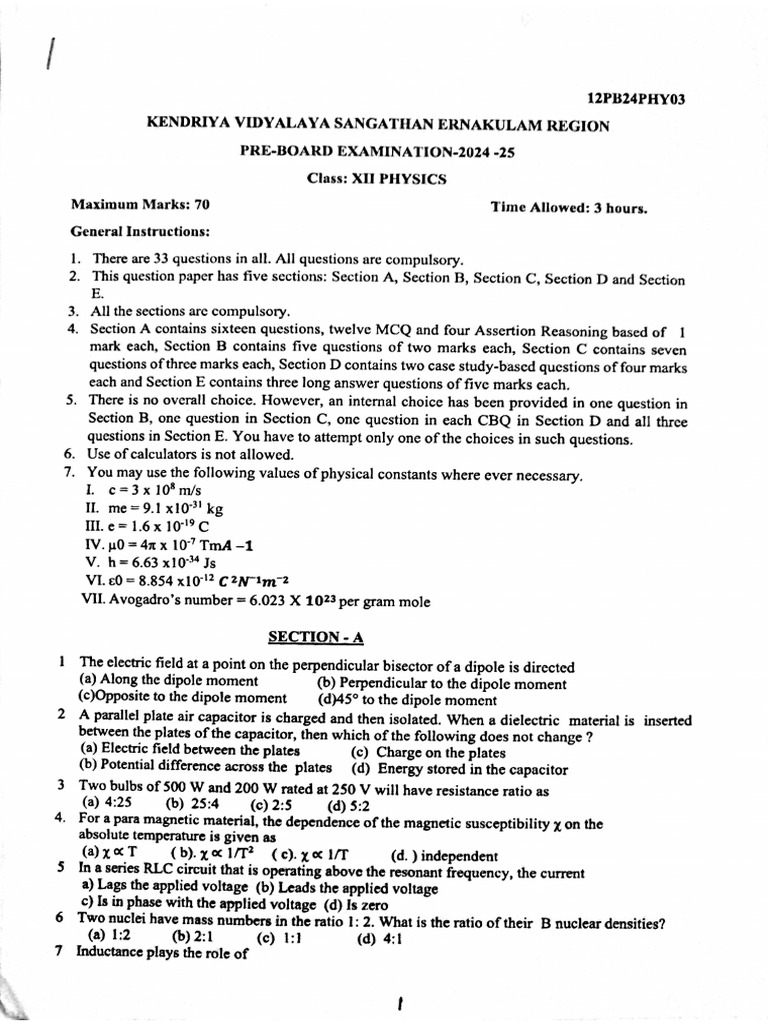 XII-PHY-PB 1 Ernakulam Region | PDF