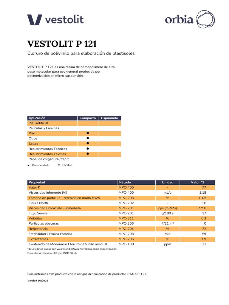 Resina PVC para Plastisoles VESTOLIT P 121 | PDF | Cloruro de ...