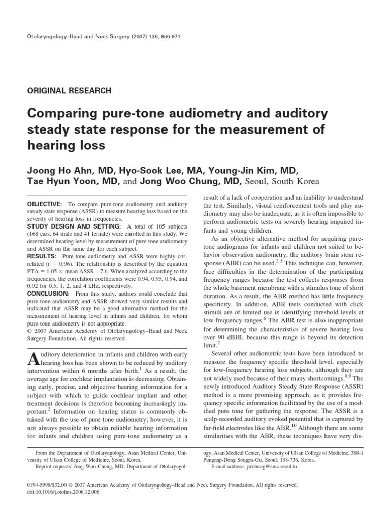 Comparing Pure-Tone Audiometry and Auditory | PDF | Hearing | Hearing Loss