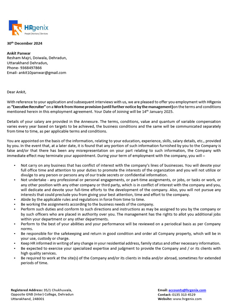 Ankit Panwar - Offer Letter | PDF | Employment | Background Check