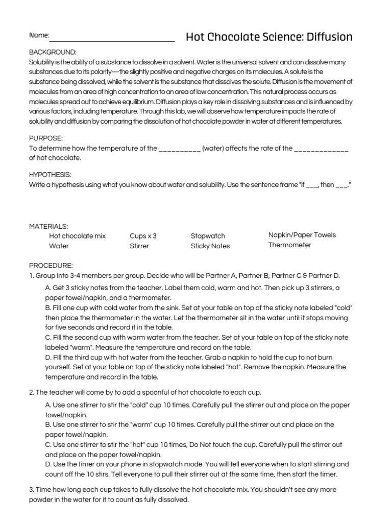 Hot Chocolate Diffusion Experiment | PDF | Osmosis | Solubility