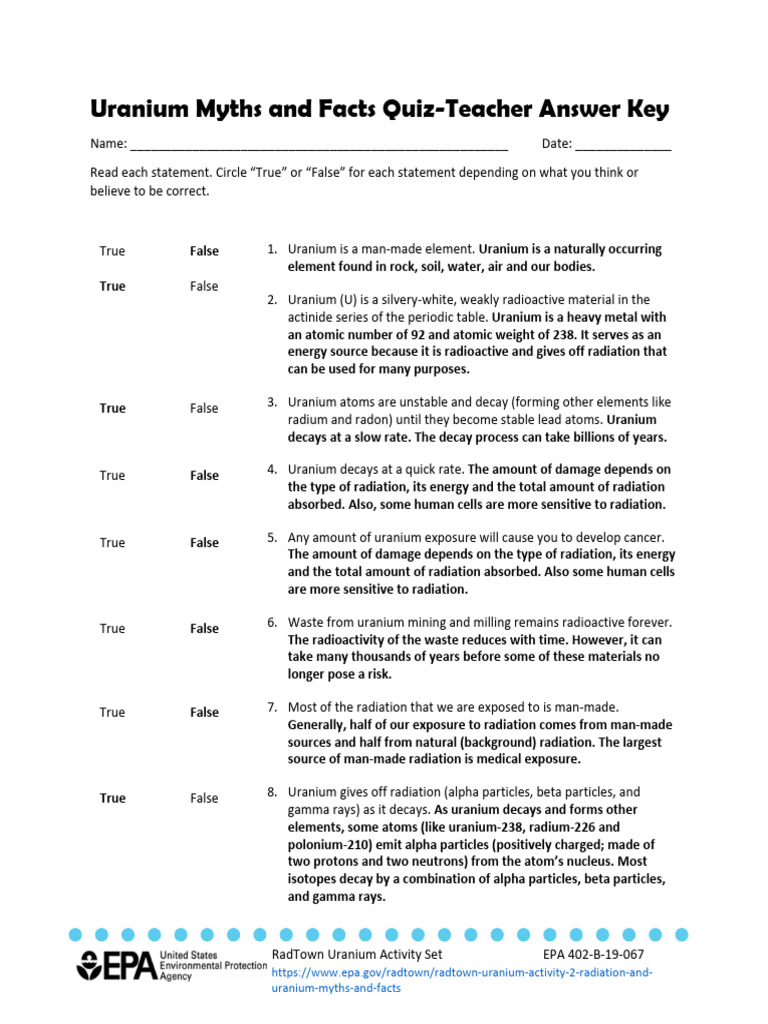 Uranium Myths and Facts Quiz Guide | PDF | Ionizing Radiation | Gamma Ray