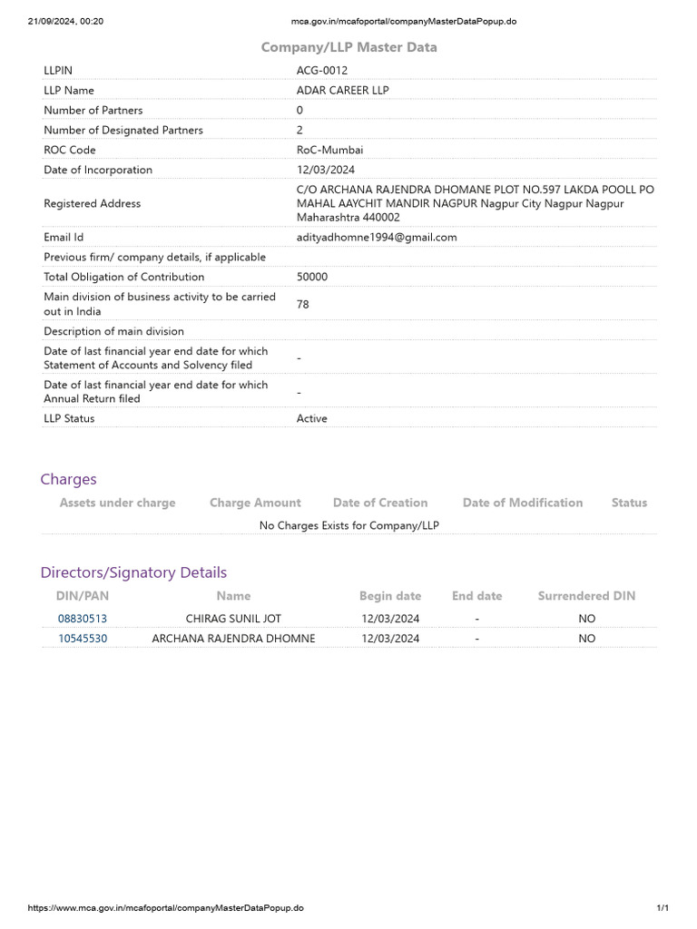 Mca - Gov.in Mcafoportal companyMasterDataPopup - Do | PDF