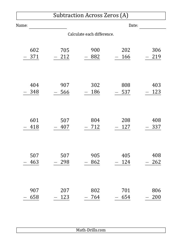 Subtraction Across Zeros in The Middle R3digit 001qp.1490361277 | PDF