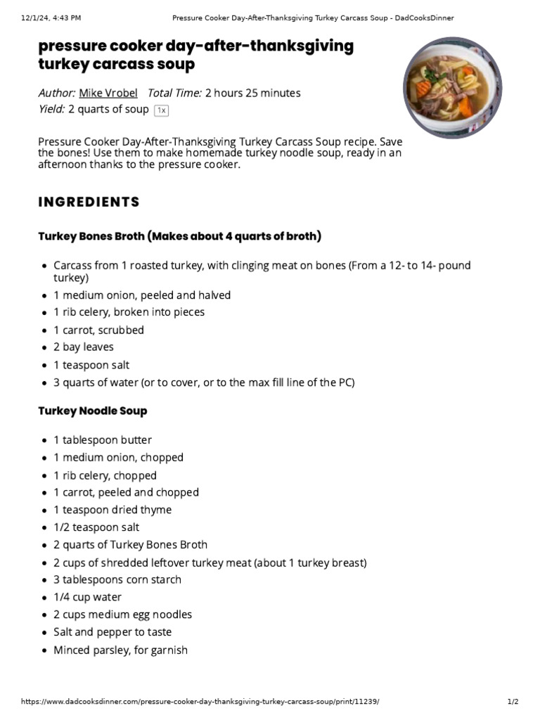 Turkey Carcass Soup in Pressure Cooker | PDF | Soup | Pressure Cooking