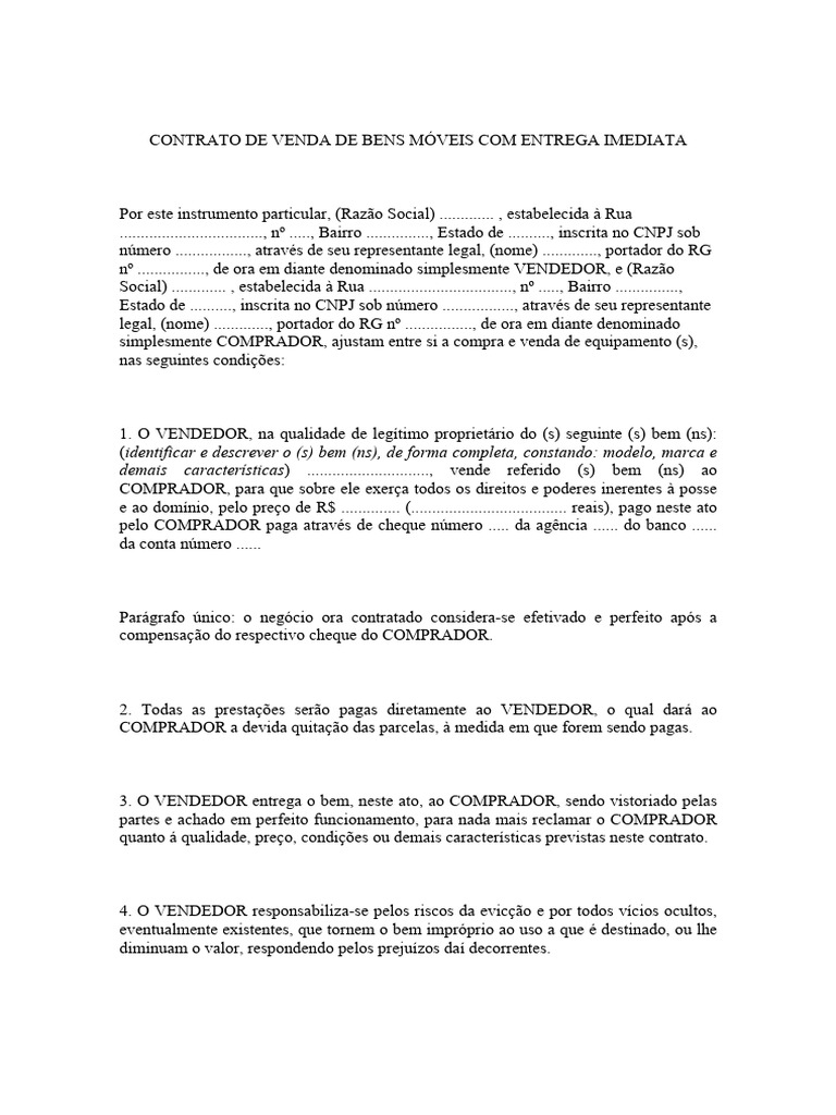 Modelo CONTRATO DE VENDA DE BENS MÓVEIS COM ENTREGA IMEDIATA | PDF | Cheque (banco) | Economias