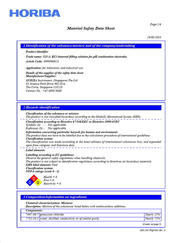 HORIBA SDS - 525-3-300 Internal Filling Solution | PDF | Dangerous ...