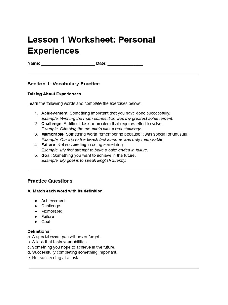 Lesson 1 Worksheet: Personal Experiences | PDF | Vocabulary | Linguistics